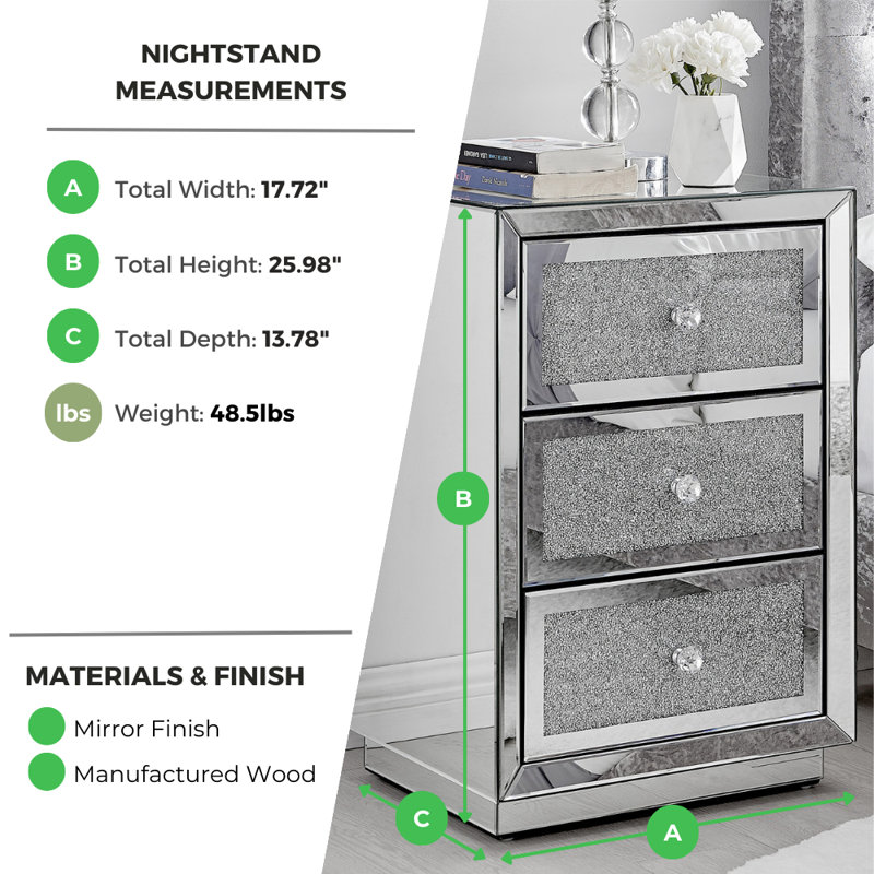 East Urban Home Crushed Diamond Mirrored 3 Drawer Nightstand - Luxury Bedside Table & Reviews ...